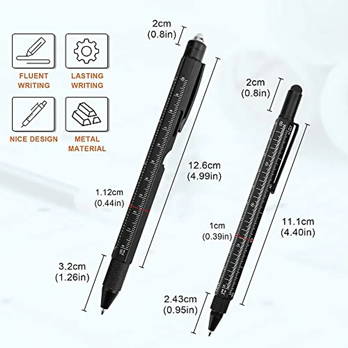Tools for Men,Cool Gadgets,2 Pack 9 in 1 Multitool Pen Set with LED Light, Touchscreen Stylus, Ruler, Level, Bottle Opener,Flathead, and Ballpoint Pen(Black）