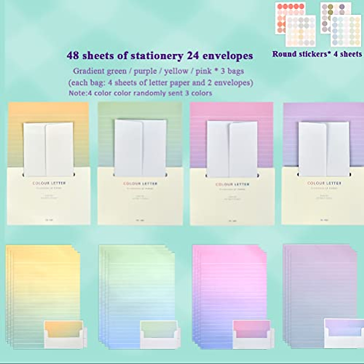 QLOUNI 72 Pack Colorful Stationery Paper, Stationery Paper and Envelopes Set - (48 Stationery Paper + 24 Envelopes) Letter Set for Writing Poems Lyrics Wedding Invitations