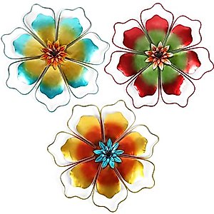 LITIALLY Metal Flower Wall Decor, 3PCS 10 Inch Metal Flowers Wall Art Sculpture Hanging Farmhouse, Yard Garden Decor for Home Bedroom Living Room