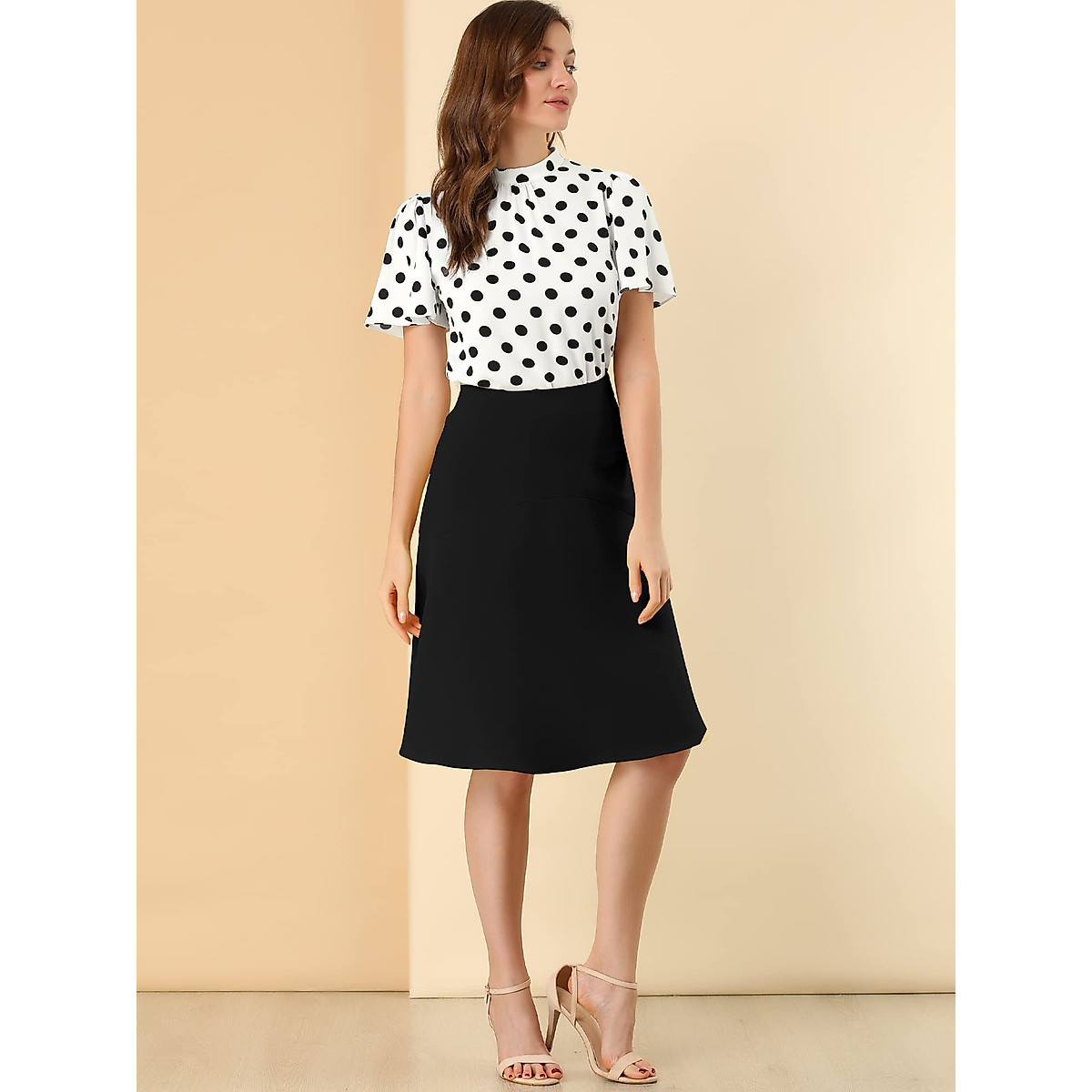 Allegra K Women's Polka Dots Blouse Stand Collar Pleat Keyhole Back Short Flare Sleeve Tops Medium White Black