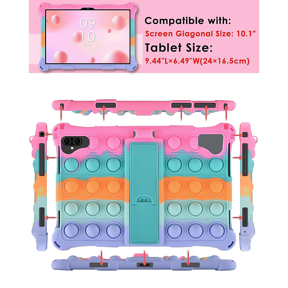 DETUOSI Silicone Case for VASTKING KingPad K10 Pro Tablet, with Stylus Pen and Shoulder Strap, Soft Multi-Angle Protective Cover for Byybuo 10.1 inch Tablet with Pen Holder, Dazzling Pink