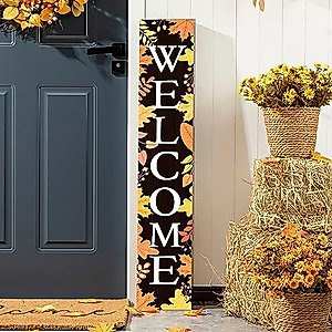 Fall Welcome Sign for Front Porch Standing, Autumn Wooden Porch Sign with Maple Leaves for Front Door Decorations, Farmhouse Vertical Hanging Signs Welcome Sign for Thanksgiving Home Decor 47.2"H