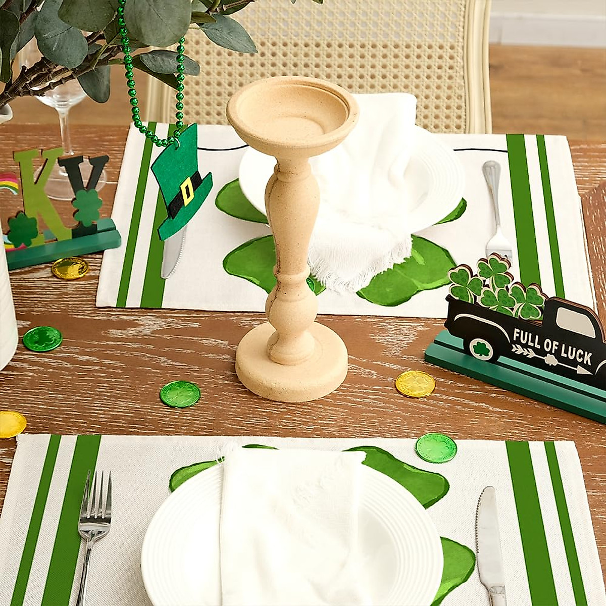 ARKENY St Patricks Day Placemats 12x18 Inches Set of 4, Green Shamrock Spring Seasonal Farmhouse Burlap Indoor Kitchen Dining Table Mats Decorations for Home Party AP032-18