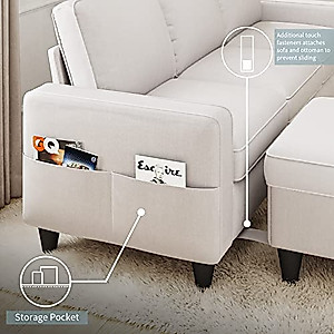 Lonkwa Convertible Sectional Sofa Couches L-Shaped Couch with Storage Ottoman, Beige Couches for Living Room, 3-Seat Sectional Sofas for Living Room/Bedroom/Office/Small Space