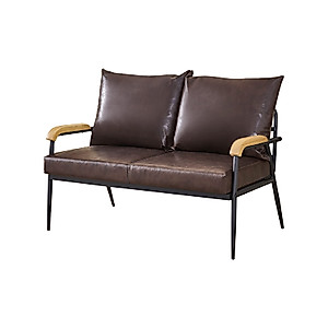 CLIPOP Mid Century Modern Accent Chair, Loveseat Sofa with Removable Backrest and Cushion, Upholstered Faux Leather Couch with Solid Wood Armrest Metal Frame Easy-Assembly, 43" W, Dark Brown