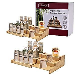 ROSOS Spice Rack Organizer for Cabinet 2 Pack, Bamboo Spice Rack Organizer for Countertop Expandable from 8.7-15inch, 3-Tier Durable Spice Organizer for Cabinet, Natural