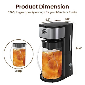 Iced Coffee and Tea Maker with Reusable Filter Basket, 2.5QT Pitcher, Iced Tea Coffee Machine , Tea Makers for Iced Tea, Lattes, Lemonade and Flavored Water, Adjustable Brew Strength, Black and Silver