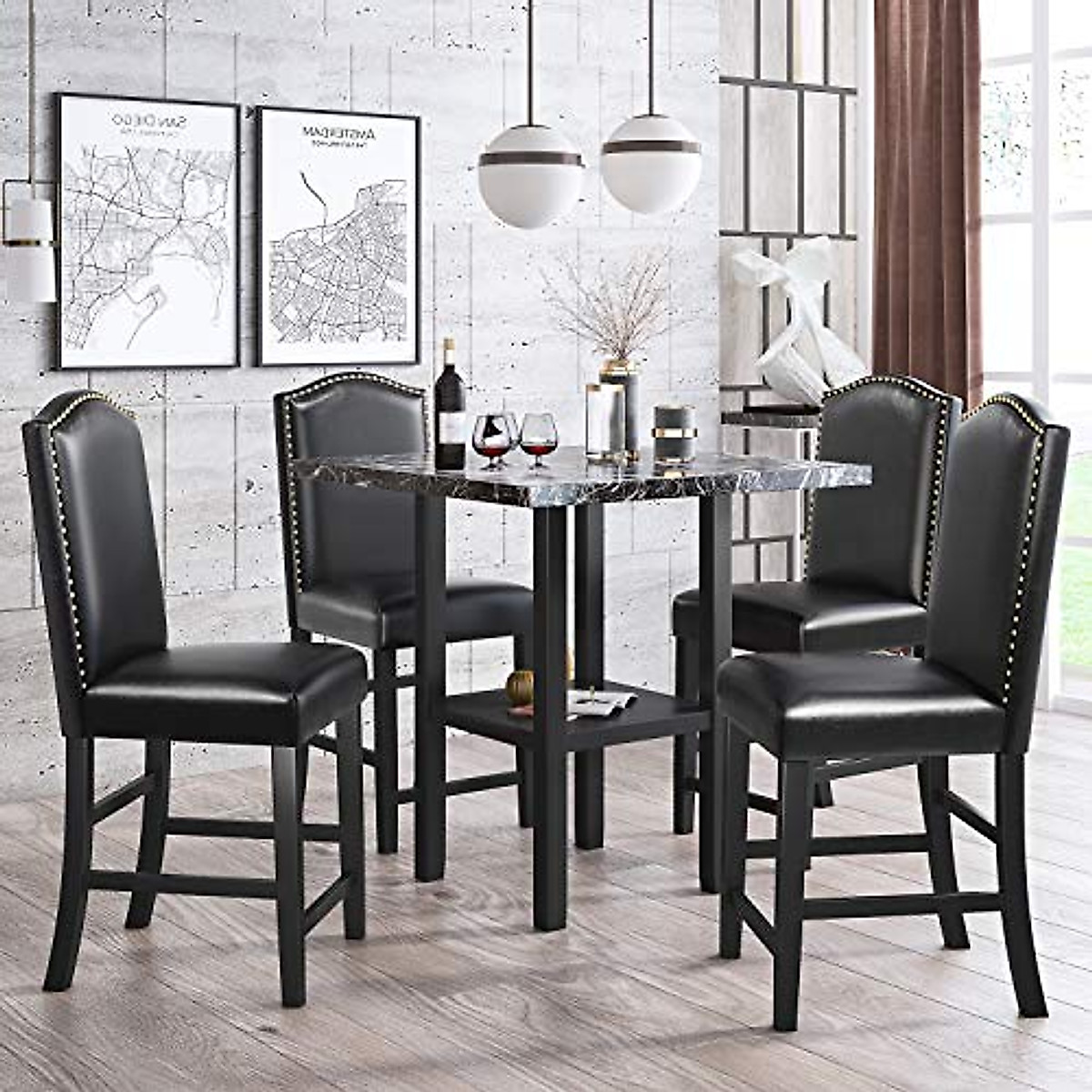 LCH Matching Chairs and Bottom Shelf Room, Faux Marble Kitchen 4 Persons, Black, 5-Piece Round Dining Table Set, Dark Grey