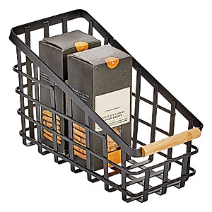mDesign Slim Slanted Metal Wire Kitchen Storage Basket Bin Organizer with Wood Handle for Pantry, Cabinet, Cupboard, or Countertop Organization - Yami Collection - Matte Black/Natural