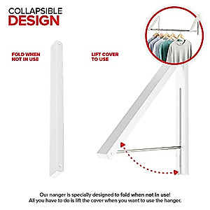 Double Foldable Clothing Rack w/Extension Rod, Wall-Mounted Retractable Clothes Hanger for Laundry Dryer Room, Hanging Drying Rod, Small Collapsible Folding Garment Racks, Dorm Accessories (White)