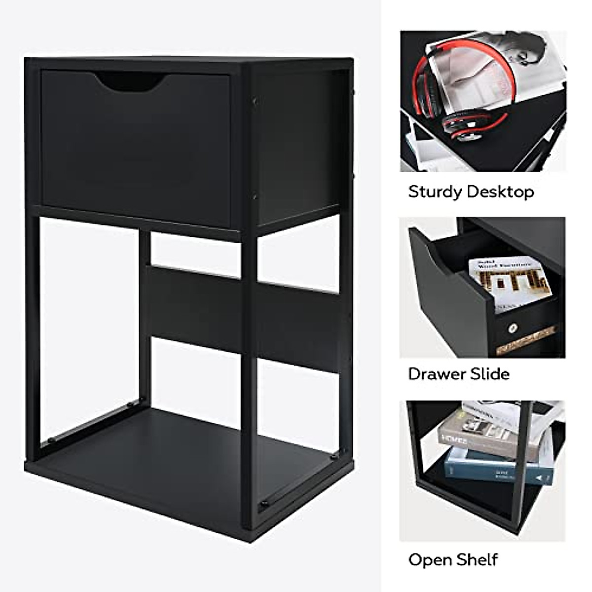 YUSING Nightstand Set of 2, Side Table with Drawer and Storage Shelf, 3-Tier End Table Bedside Table for Bedroom, Living Room, Sofa, Couch, Hall (Black)