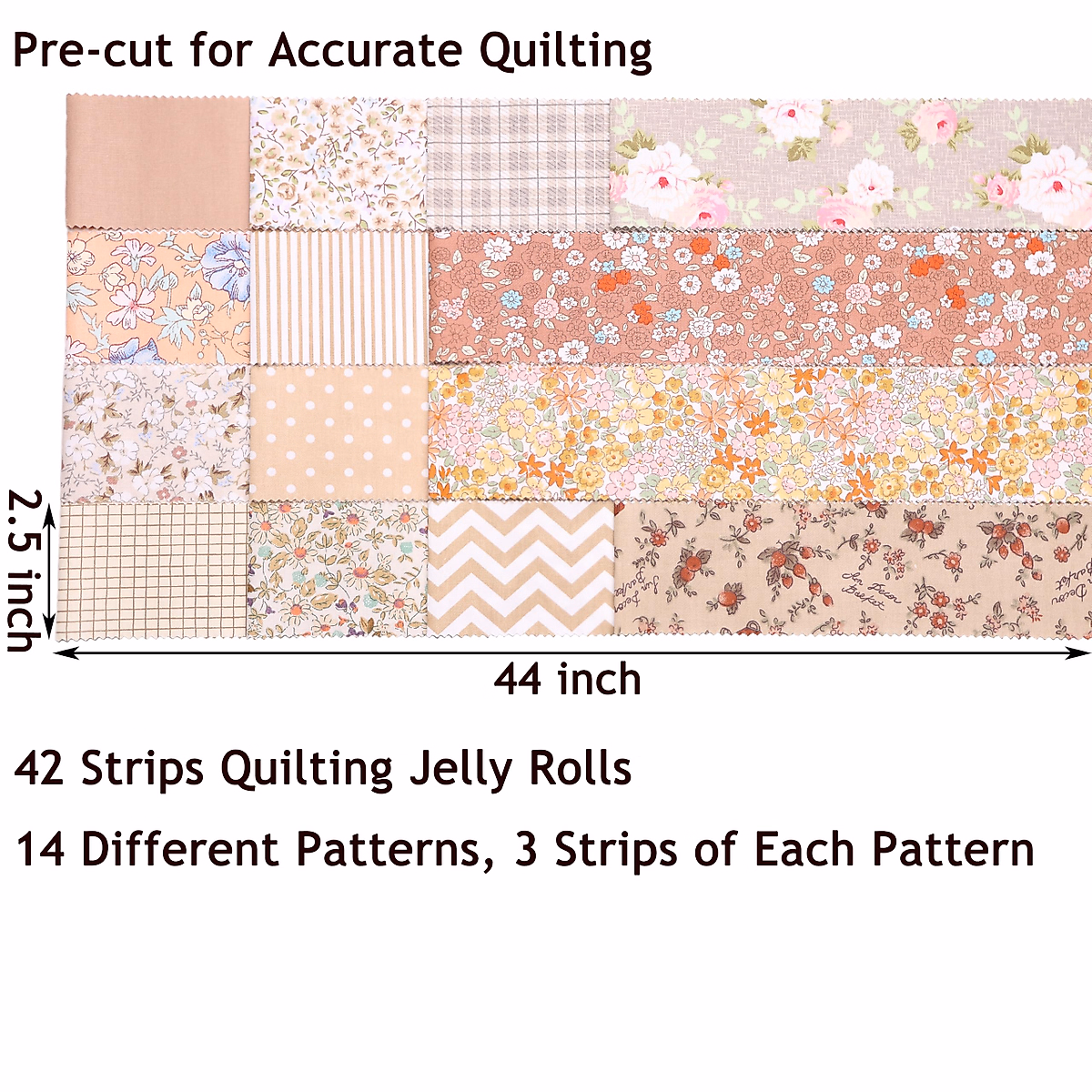 42 Jelly Roll Fabric 2.5" x 44" | Cotton Strips Bundles - Jelly Rolls for Quilting Assortment Fabrics - Precuts Cloth Quilts - Light Coffee