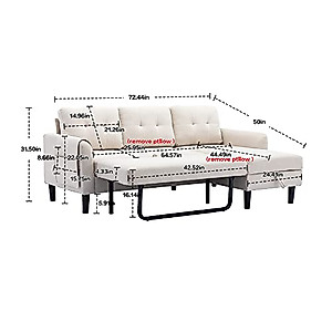 PEIHONGET Sectional Sleeper Sofa with Pull Out Bed, 3-Seater Sofa Couch with Storage Modern L-Shaped Sofa Bed with Chaise Lounge for Small Spaces, Living Room(Beige+Polyester)