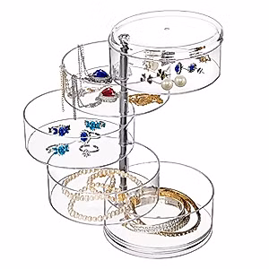 Clear Plastic Small Jewelry Organizer, 5-Layers Rotatable Jewelry Storage Box with Lid for Hair Accessories & Beauty Supplies Earrings Necklaces Bracelets (Clear-5-Layers)