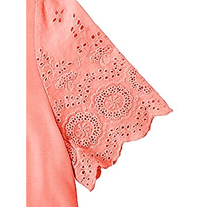 SweatyRocks Women's Eyelet Embroidery Short Puff Sleeve Top Round Neck Plain Tee Shirt Watermelon Pink S