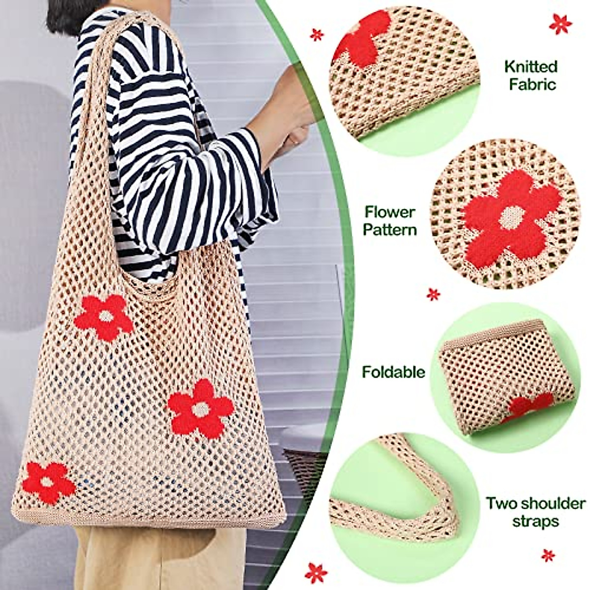 Women's Tote Bag Aesthetic Shoulder Handbags Crochet Purse Fairy Grunge Tote Bags Cute canvas tote (Apricot)
