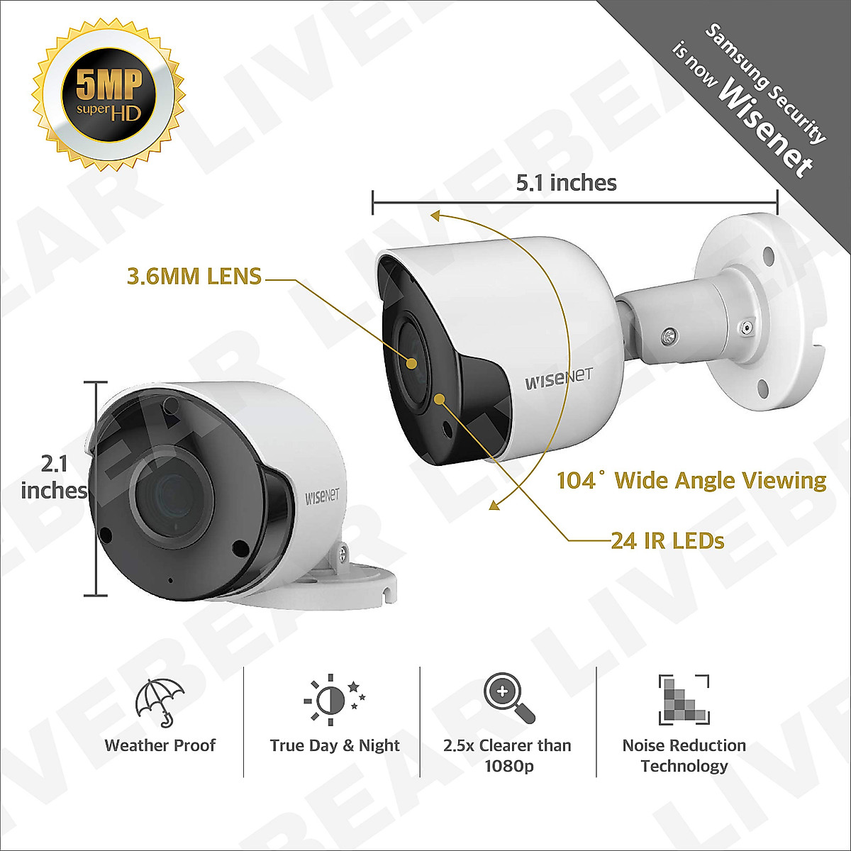 Wisenet SDC-89445BF 5MP CCTV Surveillance Weatherproof Bullet Security Camera 82ft IR Distance Plastic Housing 3.6mm Lens 104° Wide Angle (Quad Pack)