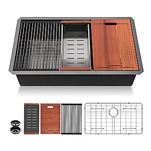 33 Kitchen Sink Black Stainless - Lordear 33 Inch Undermount Sink Ledge Workstation Gunmetal Black Stainless Steel 16 Gauge Single Bowl Under Counter Kitchen Sink Basin with Accessories