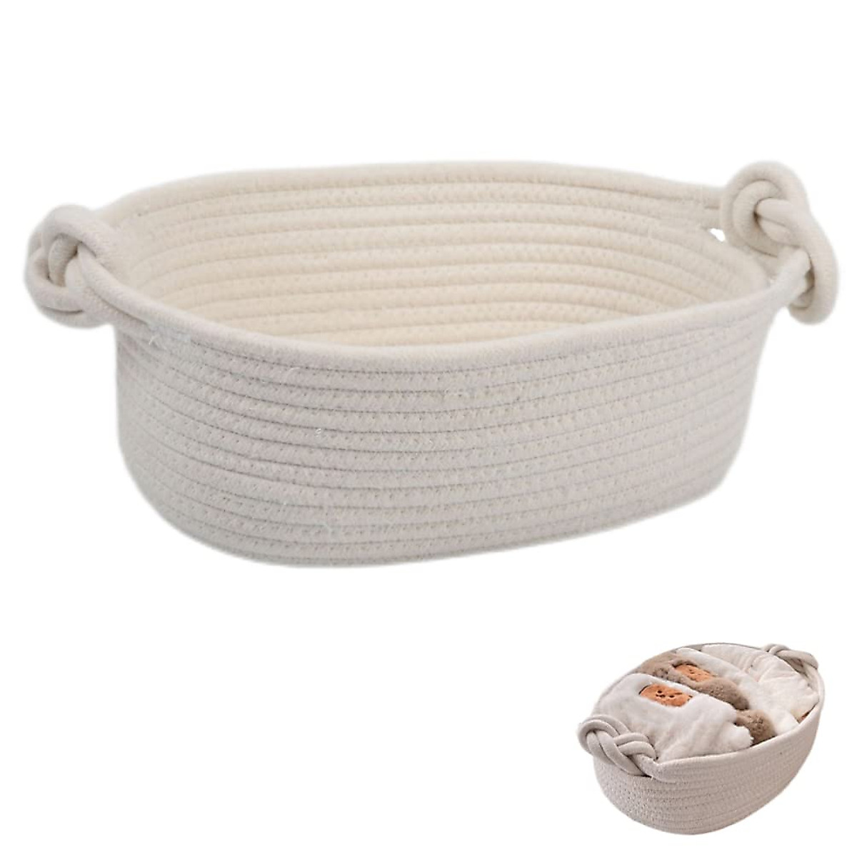 Artibetter Cotton Woven Basket Woven Cotton Rope Storage Basket Decorative Hamper Handled Nursery Shelf Baskets Desktop Makeup Cosmetics Organizers for Trinket Jewelry Toys Woven Gift Basket