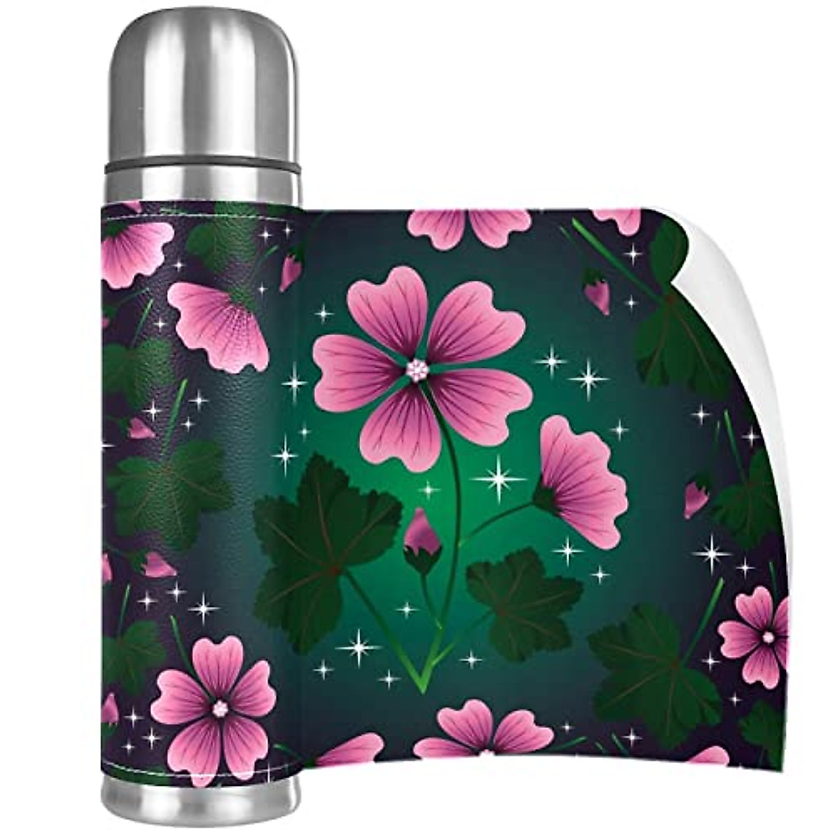 Pink Flower Green Leaves Stainless Steel Water Bottle Leak-Proof, Double Walled Vacuum Insulated Flask Thermos Cup Travel Mug 17 OZ