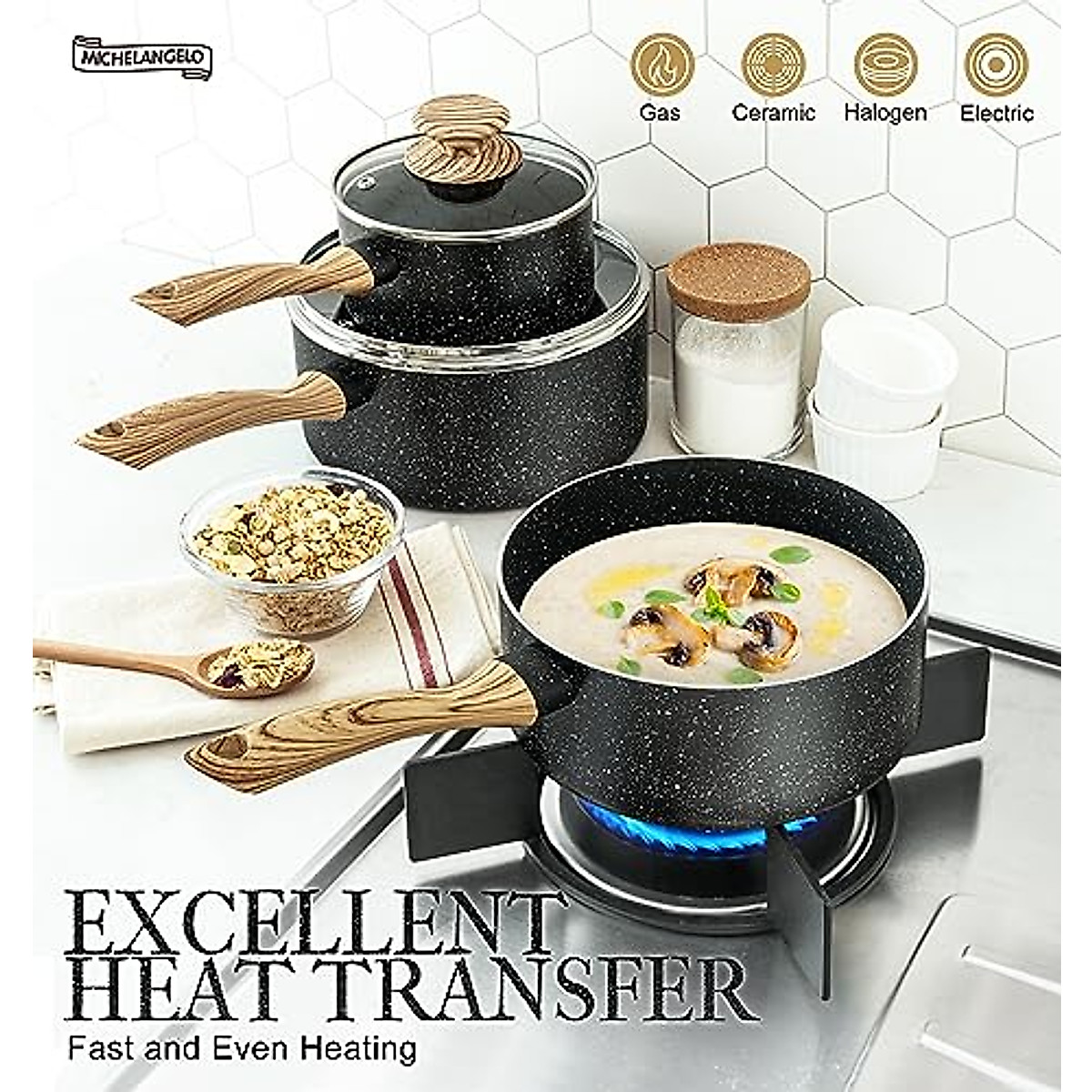 MICHELANGELO Saucepan Set, Nonstick Sauce Pans with Granite Coatings, Stone Sauce Pan with Lids, Nonstick Pot Sets, Sauce Pots 3 Piece, 1Qt & 2Qt & 3Qt