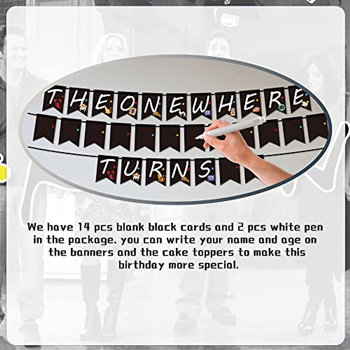 45Pcs Friends Themed Party Decorations Party Supplies Include Banners, Hanging Swirls, Whiteboard Pens, Cake Toppers, Birthday Party Decorations for Friends Fans