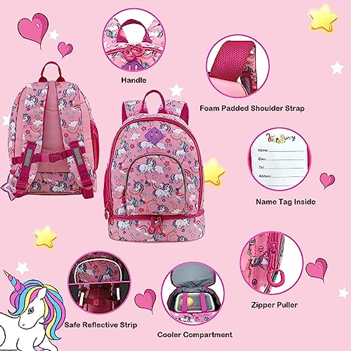 HAPPYSUNNY Toddler Backpack and Lunch Box Set for Girls 2-in-1 Kids Unicorn Backpack and Insulated Lunch Bag Compartment