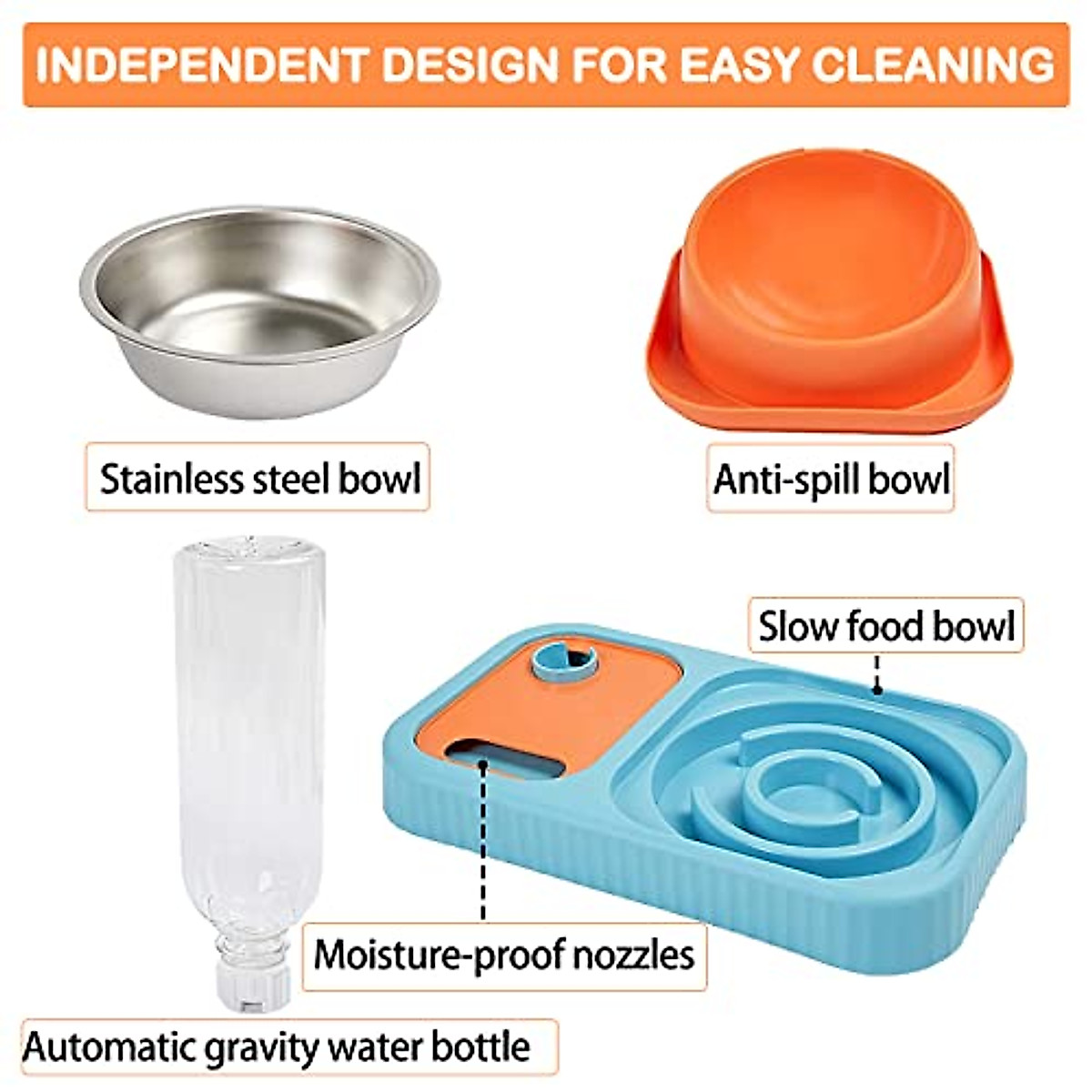 BNOSDM Triple Pet Bowl Cat Slow Feeder with Gravity Water Bottle Set, Detachable Stainless Steel Tilted Raised No Spill Dog Bowls for Cat Kitten Puppy