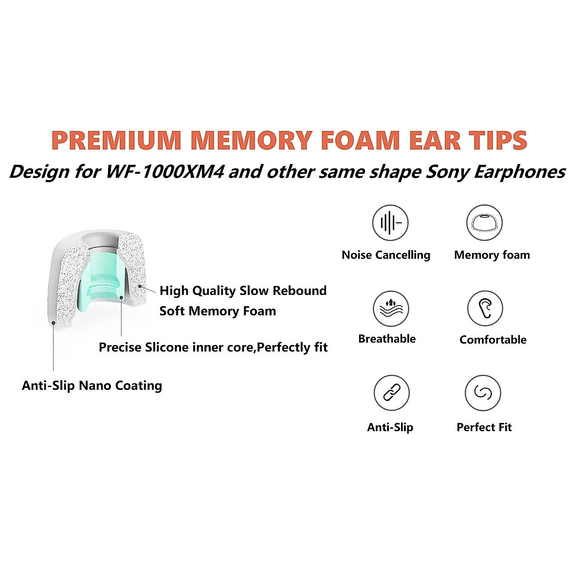 JNSA Replacement Earbud Tips Memory Foam Ear Tips Noise Isolation Foam Eartips Compatible with Sony WF-1000XM4 WF-1000XM3 Earbud Headphones, [Fit in Case],3 Pairs,Silver (FoamXM4S3P)