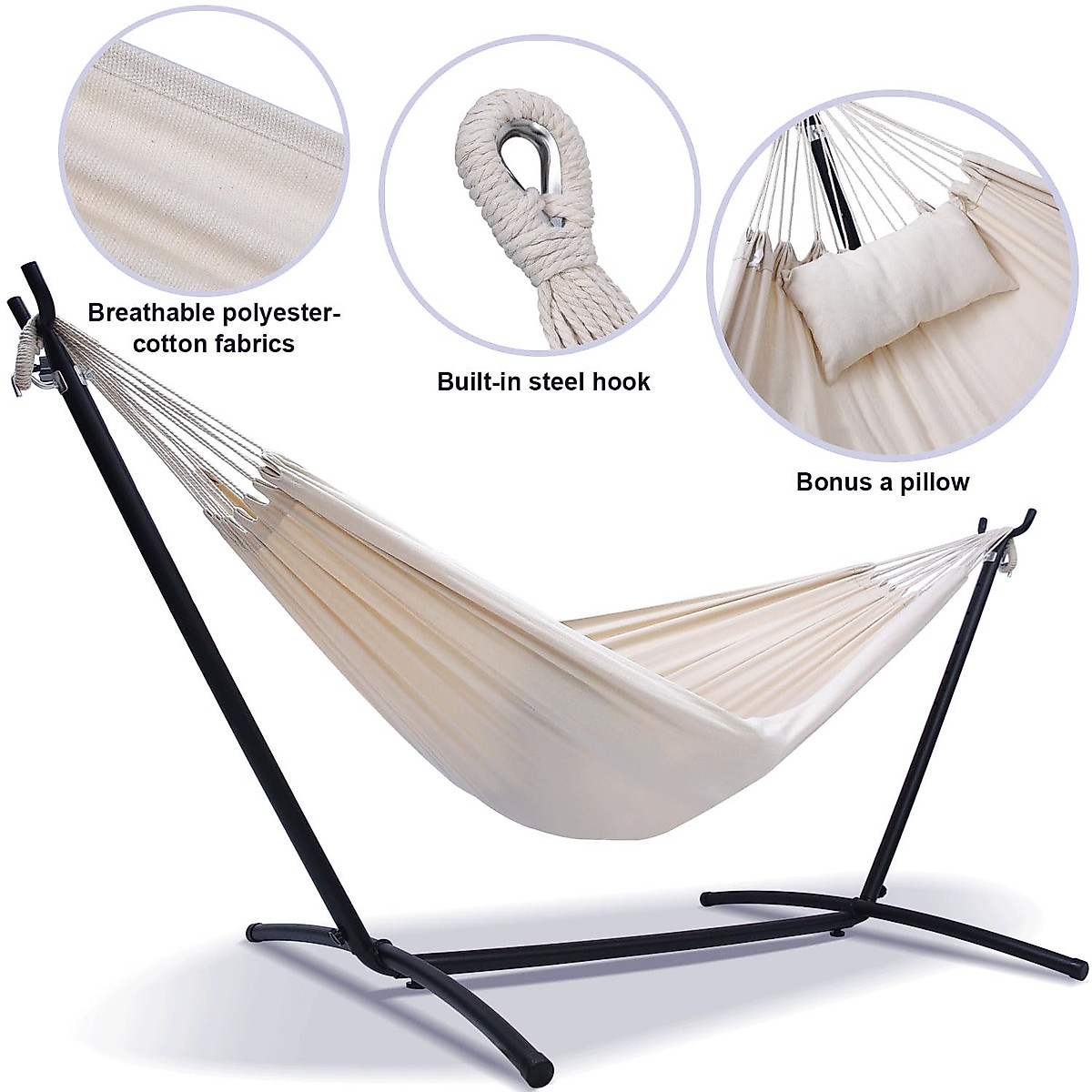 Hammock with Stand Included, Ohuhu 2 Person Hammocks with 9 FT Heavy Duty Steel Stand & Pillow, Portable Double Hammock with Carrying Bag for Indoor Outdoor Garden Yard Porch Patio, 450 lb Capacity