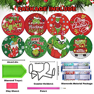 8 Pcs Christmas Diamond Painting Coasters Kit with Holder - Christmas Decoration Candy Diamond Art Coasters for Xmas Gifts, 5D DIY Christmas Cartoon Character Diamond dot Kits Coasters Craft Supplies