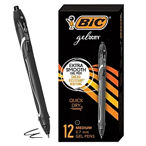 BIC Gel-ocity Quick Dry Black Gel Pens, Medium Point (0.7mm), 12-Count Pack, Retractable Gel Pens With Comfortable Full Grip