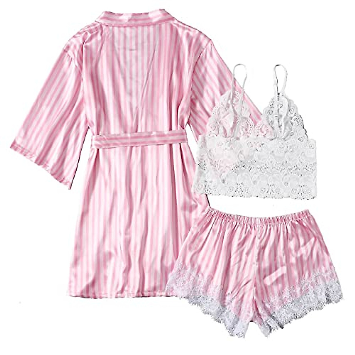 HGps8w Sleepwear for Women 3 Piece Stripe Satin Pajama Set Lingerie Lace Cami Pj Set Sexy V Neck Cami Top with Robe Pink