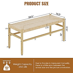 Recaceik Indoor Entryway Bench with Paper Cord Ottoman, Mid-Century Long Bench with Rubber Wood Legs, French Vanity End Bed Bench for Bedroom Living Room Channel