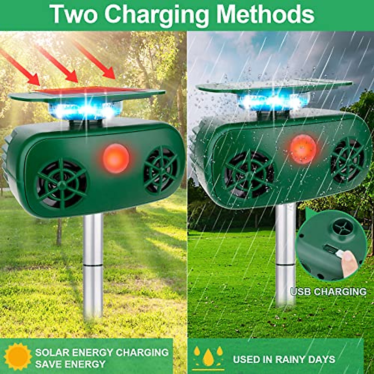 Ultrasonic Animal Repeller,Defendy Solar Animal Repeller Cat Repellent Outdoor Solar Powered Ultrasonic Bird Repeller Waterproof Dog Deterrent Squirrel Raccoon Deer & More Repellent for Yard Garden