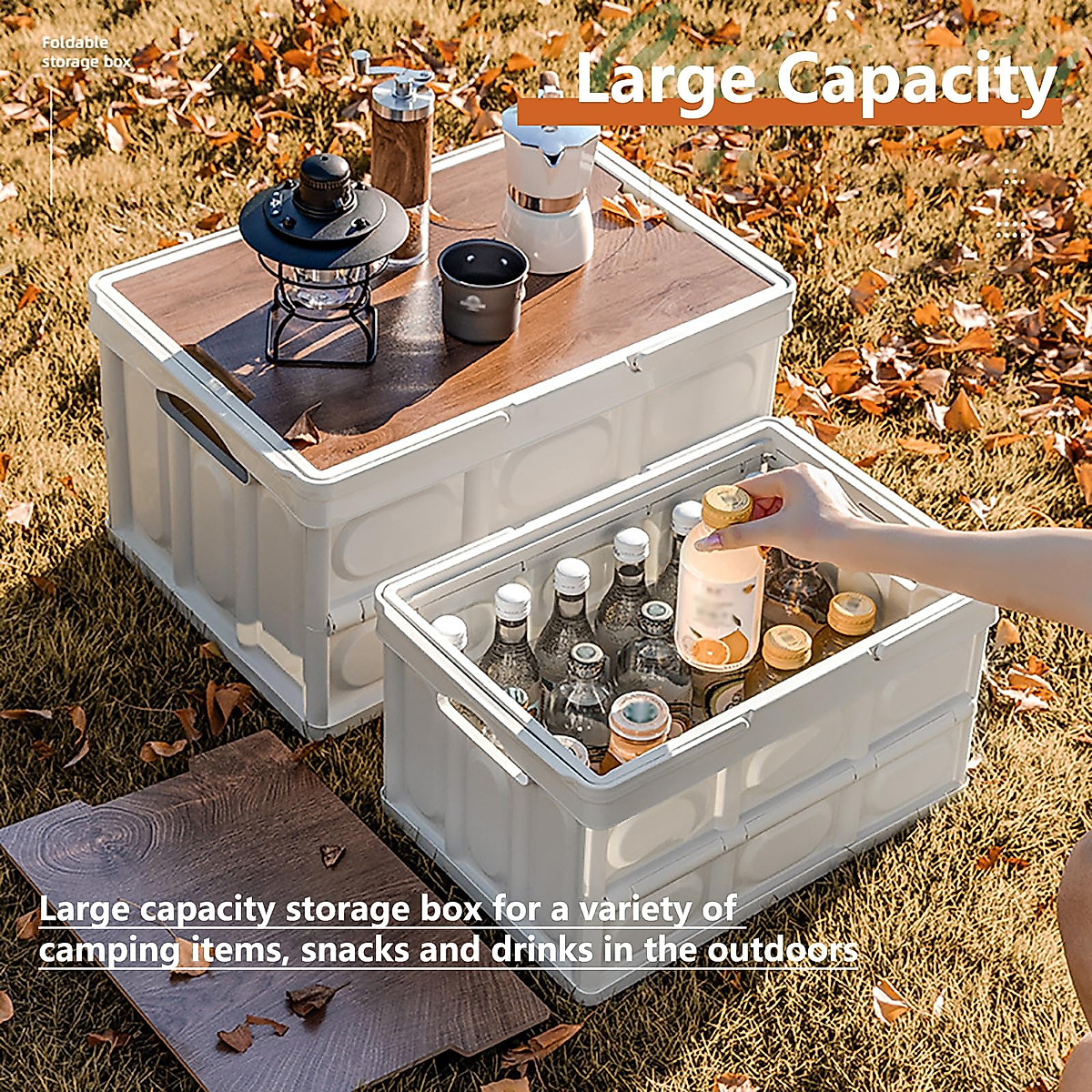 VPTMRP Collapsible Storage Bin with Handles and Wooden Lid, Large Capacity Stackable Utility Crates Holds 33lbs for Outdoor Home Storage Organizing Moving (30L/7.9Gal)