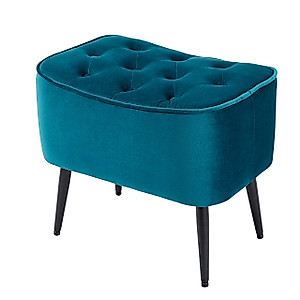 BIRDROCK HOME Tufted Curve Ottoman Velvet Foot Stool - Upholstered Padded Footrest for Living Room or Bedroom - Small Cushioned Accent Chair for Couch, Sofa, Lofted Seating - Modern Furniture - Teal