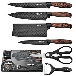 Professional Chef Knife Set 6 Pieces, Black Kitchen Knive Set Sharp Meat Knives for Cooking, Stainless Steel Forged Kitchen Knife with Cutlery Ergonomic Design Wood Handle Chef Knife Gifts Box