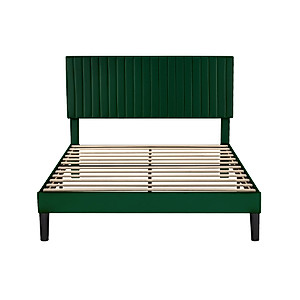 Allewie Full Bed Frame, Velvet Upholstered Platform Bed with Adjustable Vertical Channel Tufted Headboard, Mattress Foundation with Strong Wooden Slats, Box Spring Optional, Easy Assembly, Green