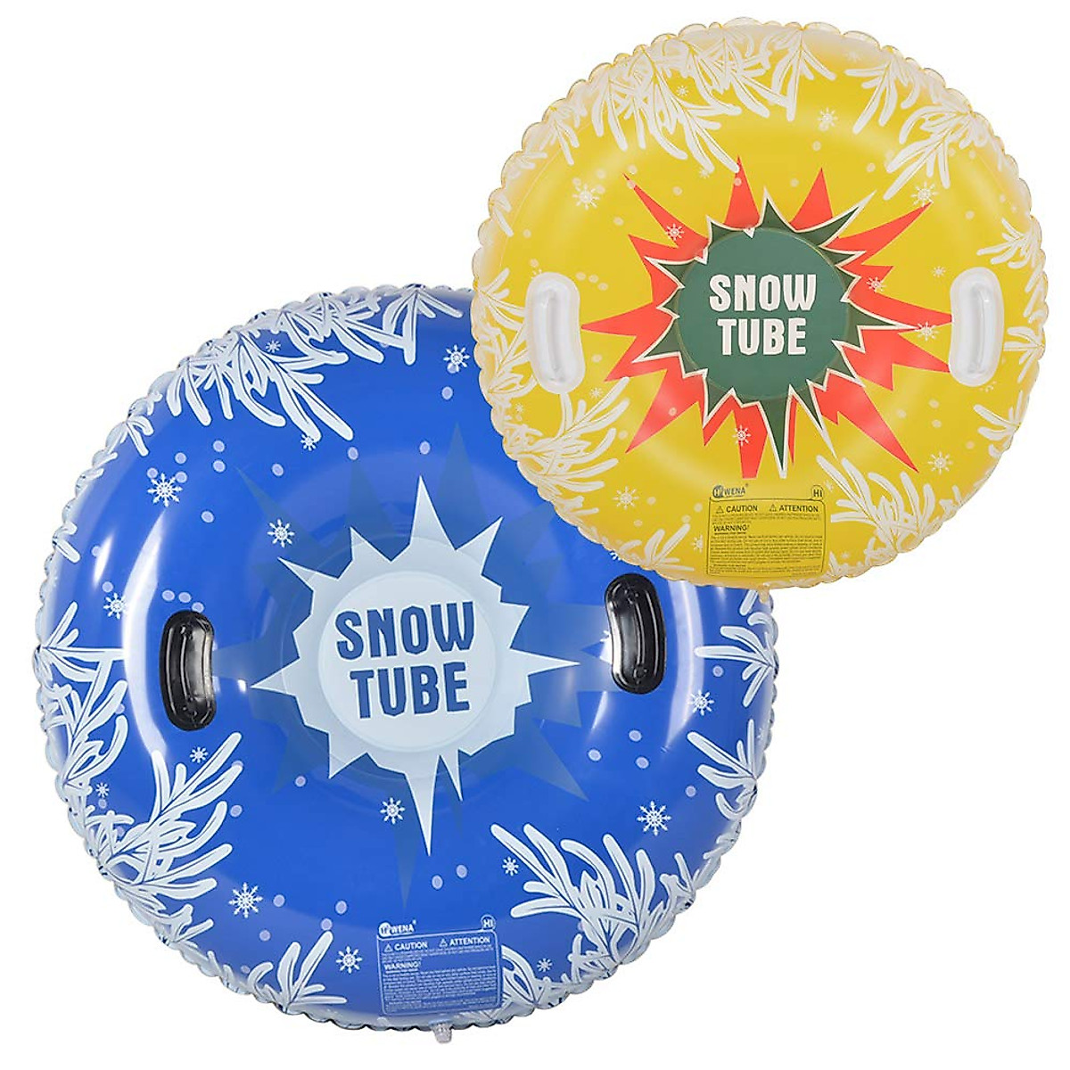 HIWENA Snow Tubes, Inflatable Snow Tubes for Family with 2 Higher Handles, Heavy Duty Snow Sled for Adults, and Snow Toy for Kids, 48 and 37 Inch Snowflake Snow Tubes (2 Pack)