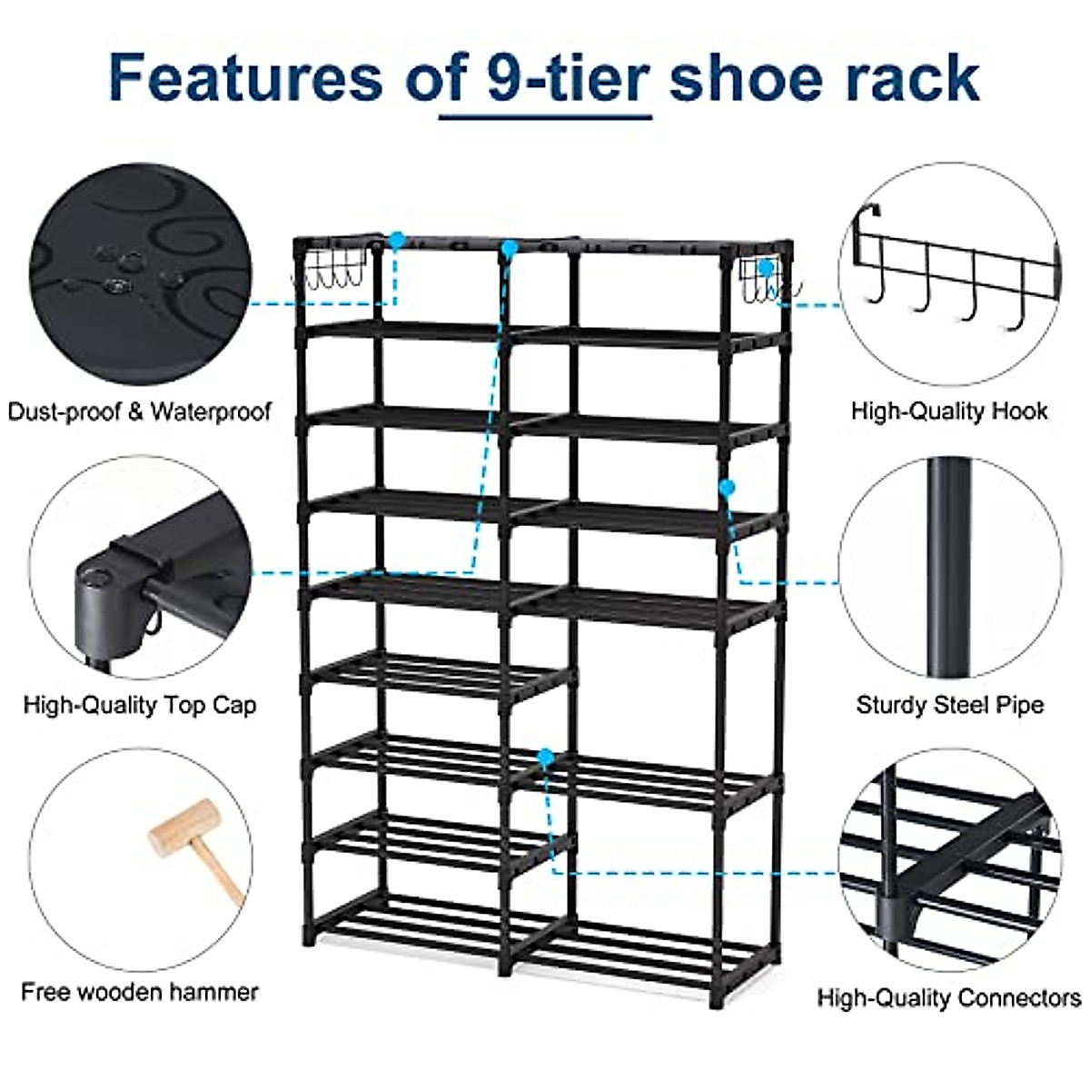 Tribesigns Shoe Rack Organizer, 32-40 Pairs Shoe Storage Shelf, 9 Tiers Shoe Stand, Shoe Rack for Closet, Boot Organizer with 2 Hooks, Stackable Shoe Tower