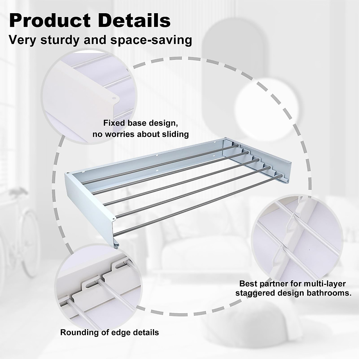 KOBSAINF Drying Rack Collapsible, Wall Mounted Drying Rack, Clothes Drying Rack, Retractable Drying Rack 5 Aluminum Rods 60 lb Capacity White 31.5"