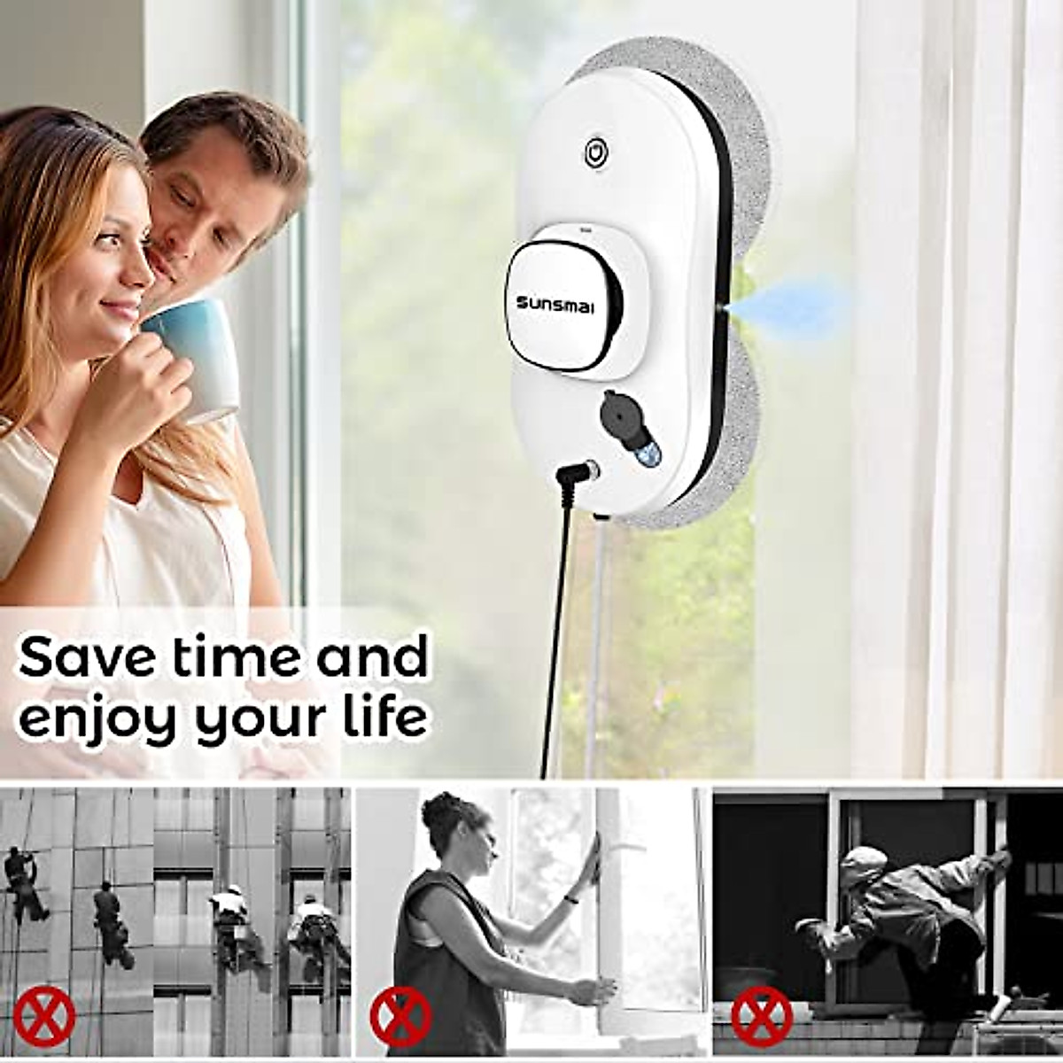 Window Cleaning Robot, SUNSMAI Smart Window Vacuum Cleaner with Automatic Water Spray, Remote Control Robot Window Washer for Windows/Tiles/Glass Door(White)