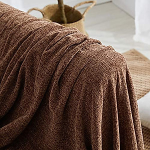 BOURINA Chenille Throw Blanket with Decorative Fringe for Couch Sofa Chair Blanket (50x60 Inches) Brown