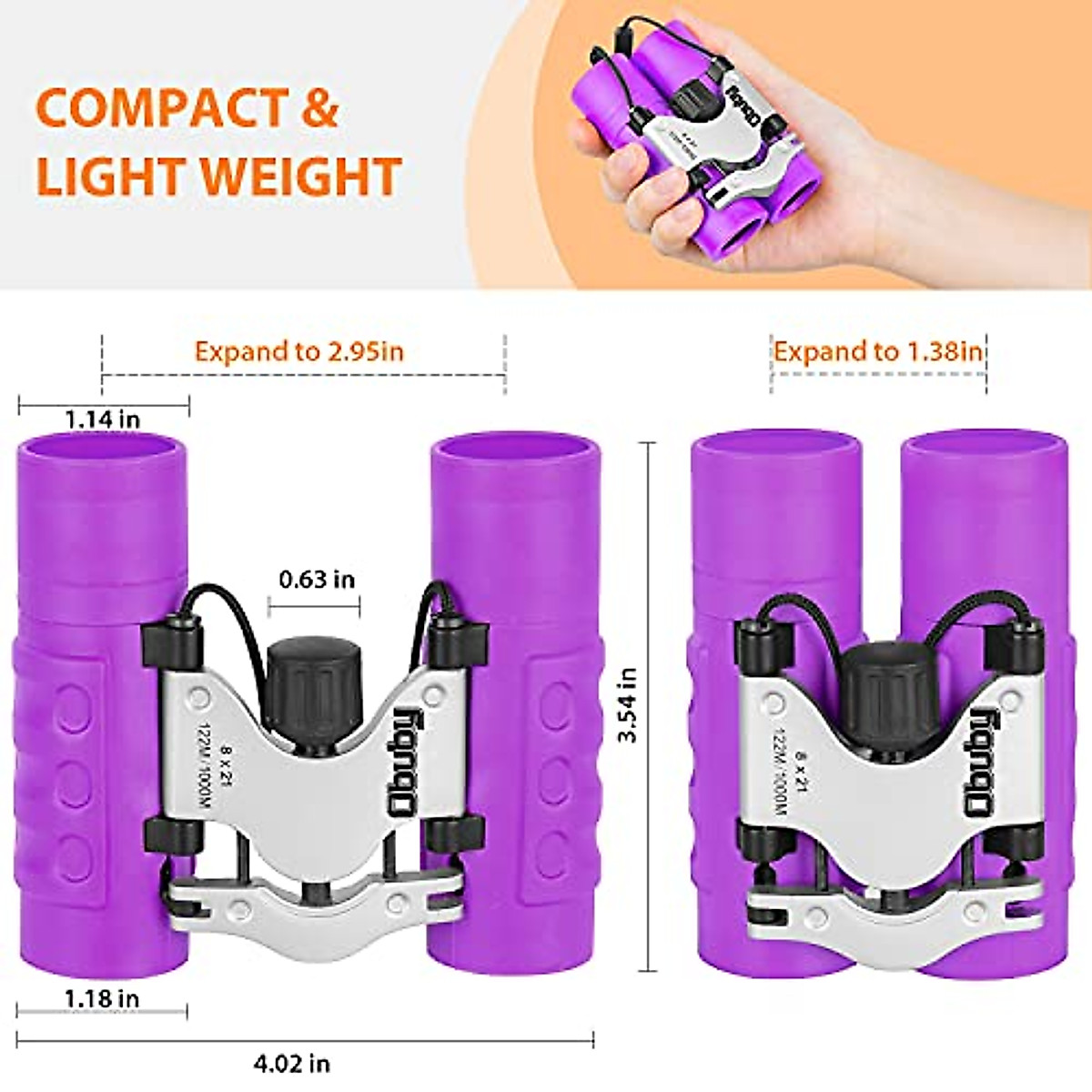 Obuby Real Binoculars for Kids Gifts for 3-12 Years Boys Girls 8x21 High-Resolution Optics Mini Compact Binocular Toys Shockproof Folding Small Telescope for Bird Watching,Travel, Camping, Purple