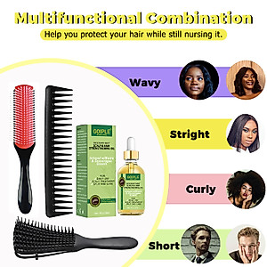WOZUTUNT Curly Hair Brush Set for Women/Men/Kids, Detangler Brush, Wide Tooth Comb, 9 Row Nylon Bristle, Rosemary Hair Growth Oil - 4 Count (DB-black-4pcs)