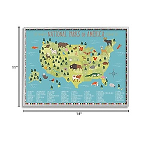 Stupell Industries Children's National Parks of America Map Animal Wildlife Grey Framed Wall Art, 14 x 11, Blue