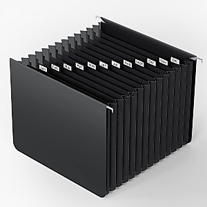 Plastic Expanding Hanging File Folders Letter Size,13 Expandable Pockets,Colored and Blank Tabs,Innovative Accordion Hanging Folder for Filing Cabinet,Fun Storage Office Supplies,Black