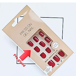 Red Press on Nails Square Fake Nails Short Glossy False Nails Natural Shape Acrylic Nails Pre-glued Full Cover Nails Uñas Postizas for Women and Girls 24PCS