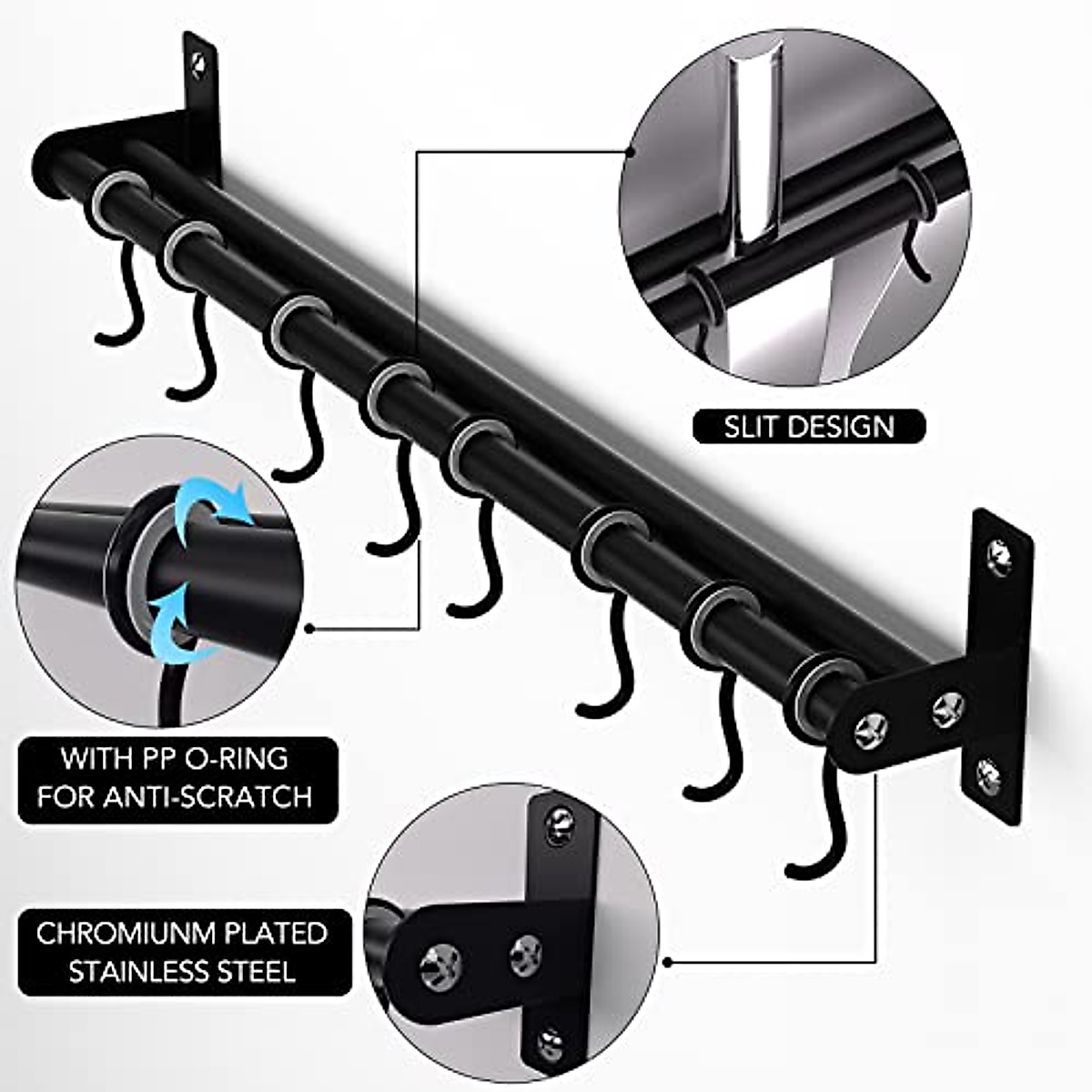 20 Inch Pot Rack Wall Mounted - Pot and Pan Hanger Kitchen Pan Lid Utensil Hanger Organizer Hanging Rail with 16 S Hooks Black 2-Pack